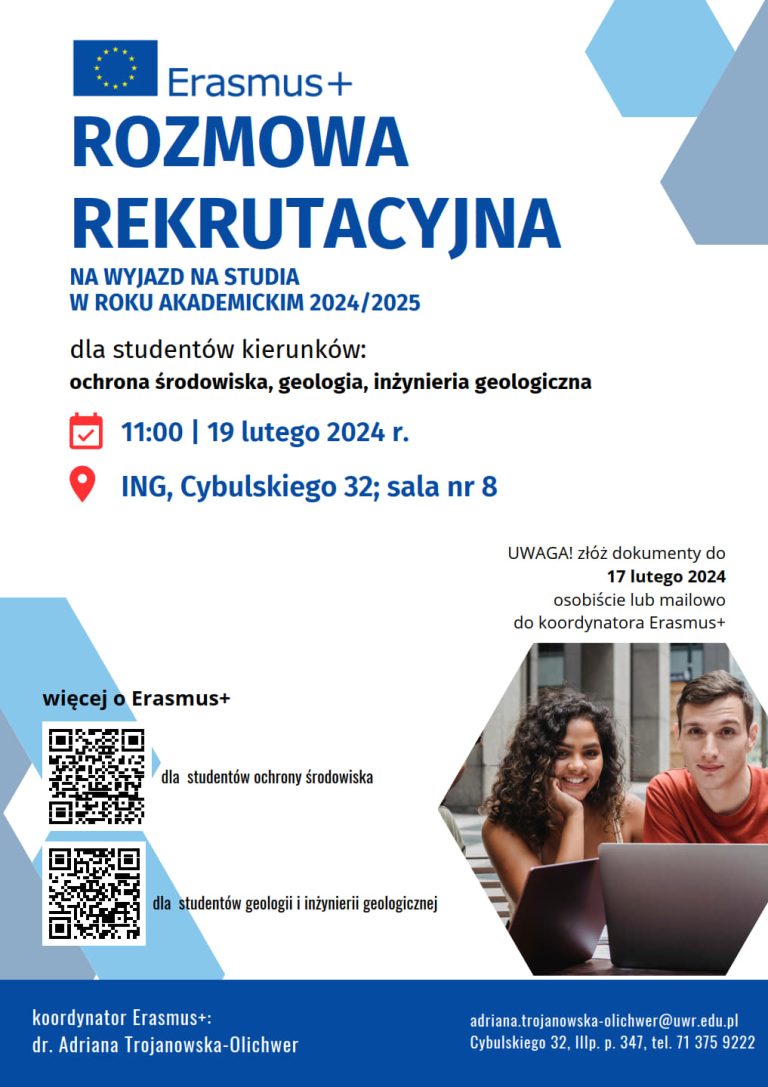 Rozmowa rekrutacyjna na wyjazd Erasmus+ w roku 2024/2025 - Instytut Nauk Geologicznych